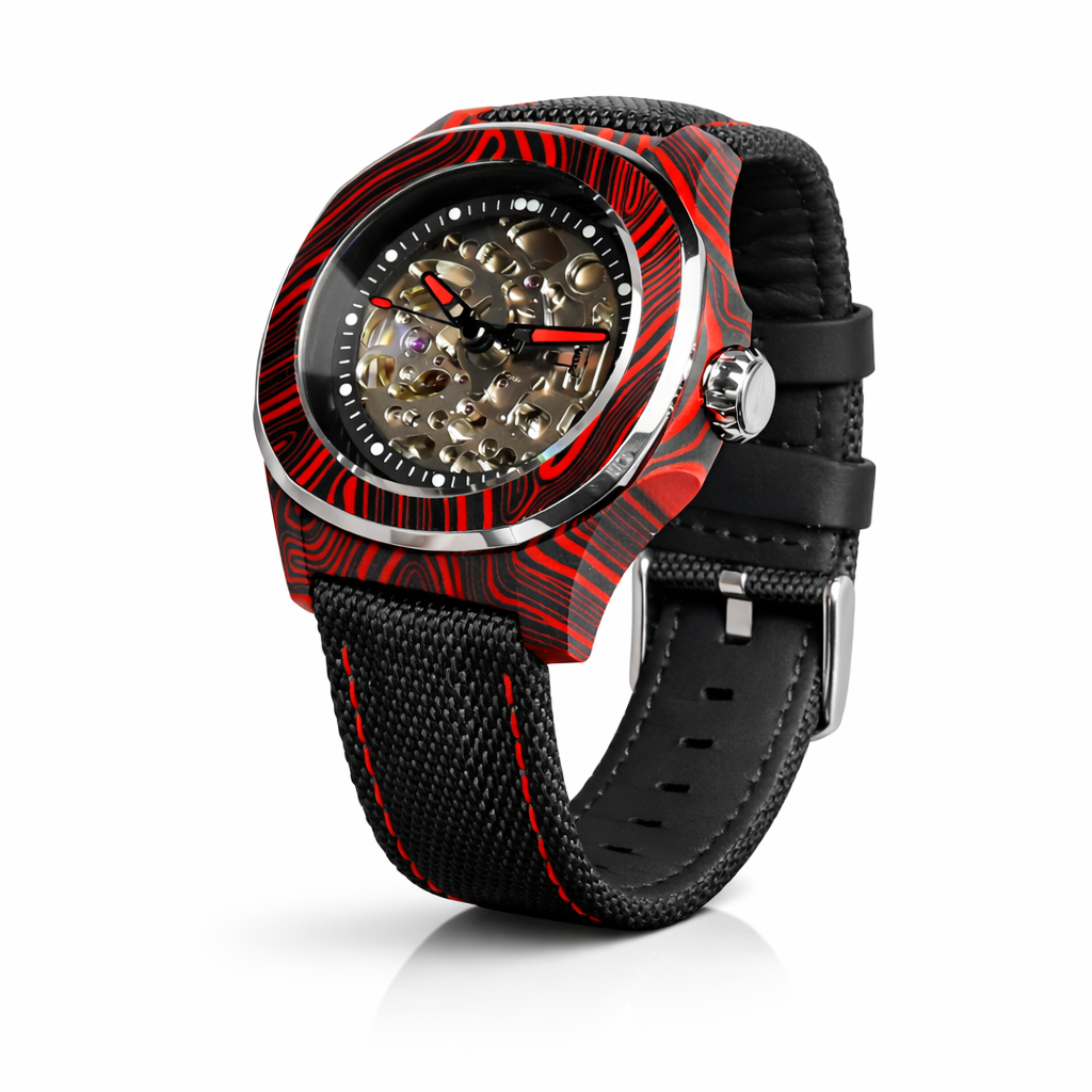 Dial Maker - DM05 Damascus Carbon Watch Red/Black -Skeleton movement ...